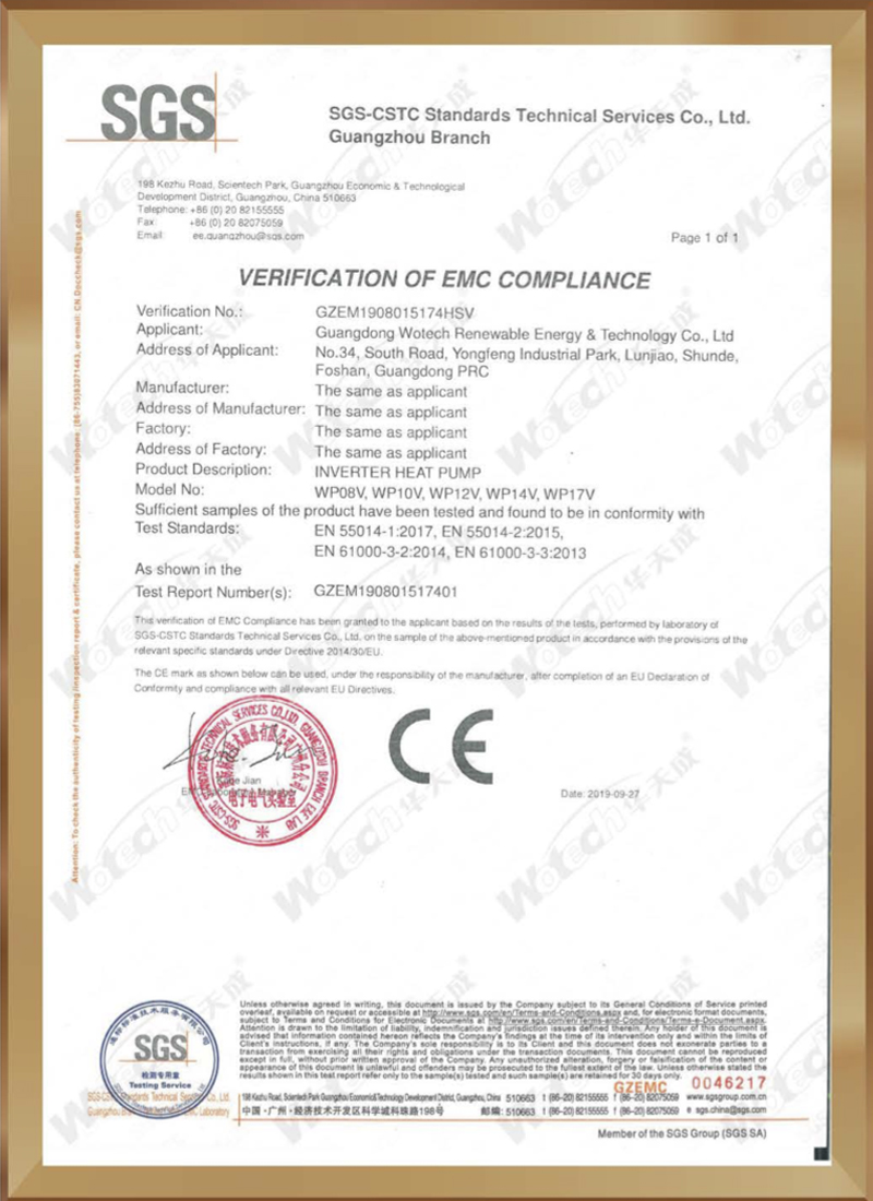 Air to Water Heat Pump Certificate - Wotech