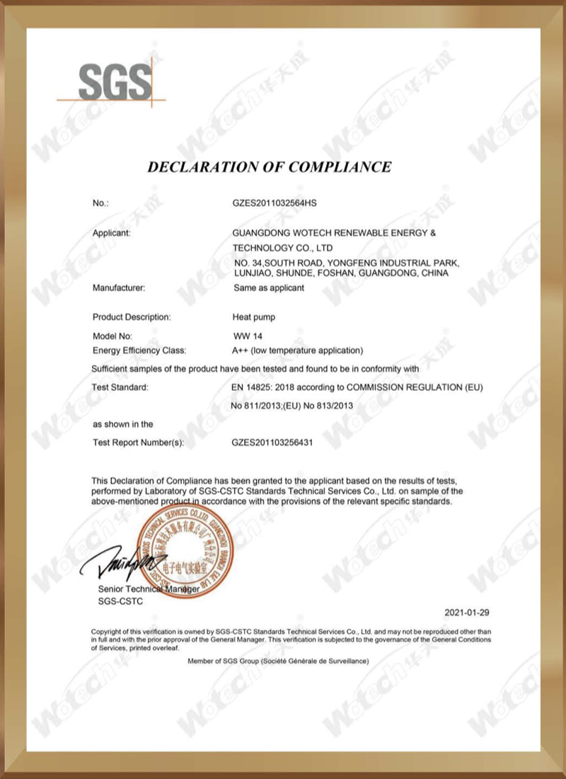 Air to Water Heat Pump Certificate - Wotech